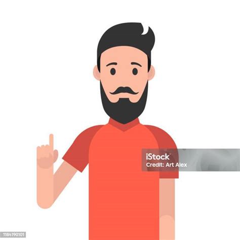수염을 가진 남자 캐릭터 즐거운 얼굴과 제기 검지 손가락을 가진 남자 좋은 아이디어의 개념 벡터 그림입니다 가리키기에 대한 스톡 벡터 아트 및 기타 이미지 Istock