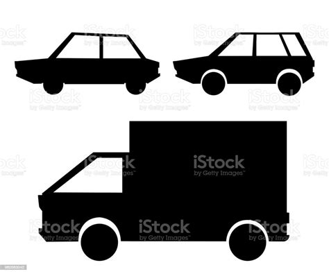 검은 실루엣 승용차 및 트럭 차량 개념에 로고를 흰색 배경 벡터 그림 웹 사이트 페이지 및 모바일 애플 리 케이 션 디자인 개체 그룹에 대한 스톡 벡터 아트 및 기타 이미지