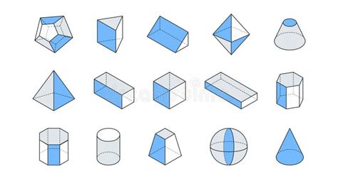 Geometric Shapes Line Icons Set In Blue And Gray Basic Stereometry Figures Stock Illustration