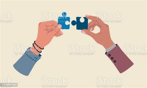 두 손이 퍼즐 조각을 연결합니다 비즈니스 솔루션 팀워크 파트너십 개념에 대한 스톡 벡터 아트 및 기타 이미지 개념 기업