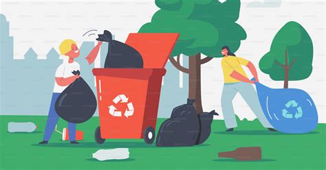 아이들은 쓰레기를 재활용하고 정원을 청소하는 어린이 캐릭터는 쓰레기 봉투와 쓰레기통에 쓰레기를 수거하고 공원 청소 폐기물 오염 지구의 날을 청소합니다 만화 사람들