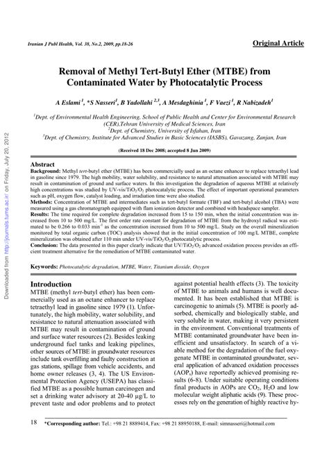 Pdf Removal Of Methyl Tert Butyl Ether Mtbe From Contaminated Water By Photocatalytic Process