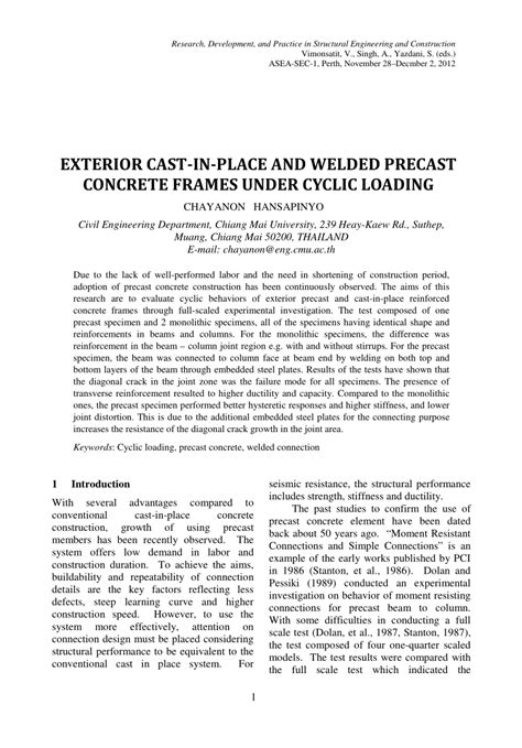 Pdf Exterior Cast In Place And Welded Precast Concrete Frames Under Cyclic Loading