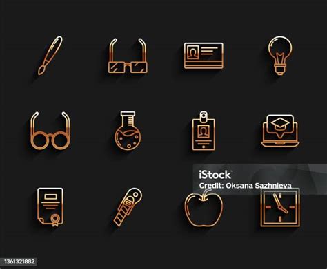 세트 라인 인증서 템플릿 문구 칼 페인트 브러시 애플 시계 테스트 튜브 및 플라스크 화학 실험실 졸업 캡 화면 노트북 및 식별 배지 아이콘 벡터 건강한 생활방식에 대한 스톡