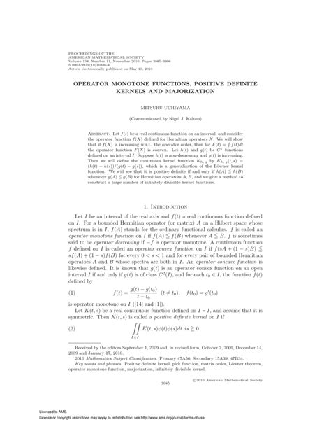 Pdf Operator Monotone Functions Positive Definite Kernels And Majorization