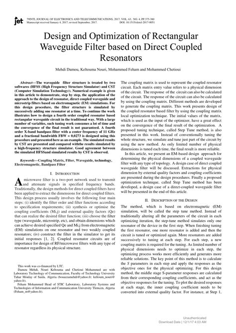 Pdf Design And Optimization Of Rectangular Waveguide Filter Based On Direct Coupled Resonators