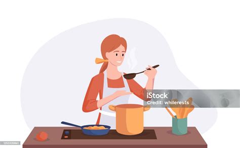 부엌 테이블에 요리 하는 미소 요리사 아내는 수프를 요리하고 숟가락으로 맛을 냅니다 저녁 식사를 위한 수제 식사를 준비하는 벡터 일러스트 홈 컨셉 여자에 대한 스톡 벡터