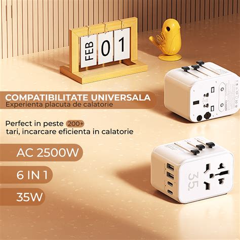 Adaptor Incarcator Universal Priza De Calatorie In Timebox X USB X Type C Pentru US