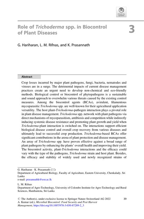 Pdf Role Of Trichoderma Spp In Biocontrol Of Plant Diseases