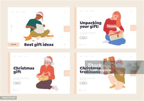 생일 크리스마스 선물에 대한 최고의 아이디어를 제공하는 랜딩 페이지 디자인 템플릿의 고립된 세트 개봉에 대한 스톡 벡터 아트 및