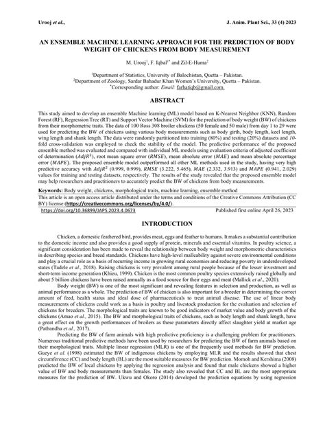 Pdf An Ensemble Machine Learning Approach For The Prediction Of Body Weight Of Chickens From