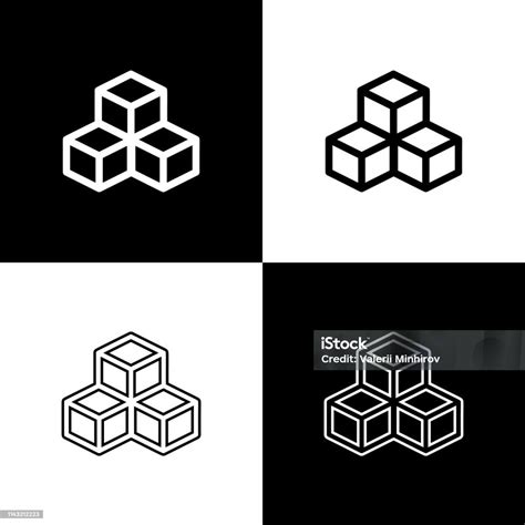 흑백 배경에 고립 된 아이소메트릭 큐브 아이콘을 설정 합니다 기하학적 큐브 단색 아이콘입니다 3d 정사각형 기호입니다 상자