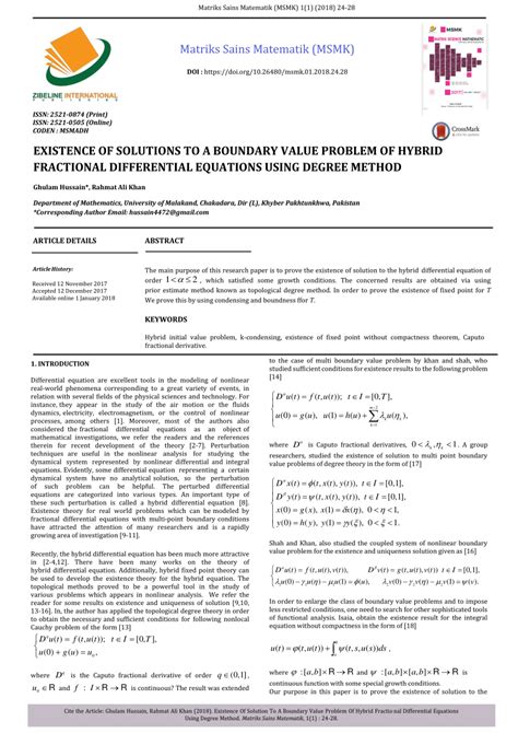 Pdf Existence Of Solutions To A Boundary Value Problem Of Hybrid Fractional Differential