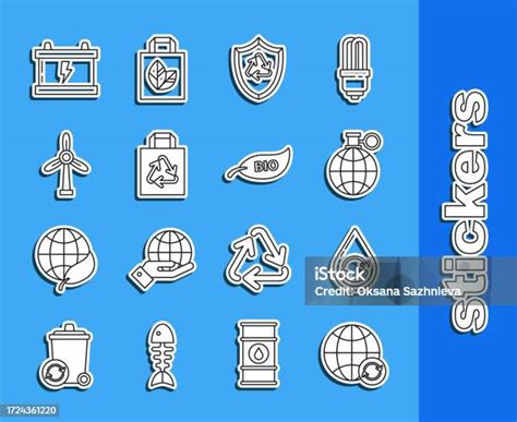 라인 행성 지구와 재활용 깨끗한 아쿠아 재활용 방패 내부 기호 재활용이 있는 종이 쇼핑백 풍력 터빈 자동차 배터리 및 리프