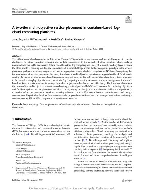A Two Tier Multi Objective Service Placement In Container Based Fog Cloud Computing Platforms