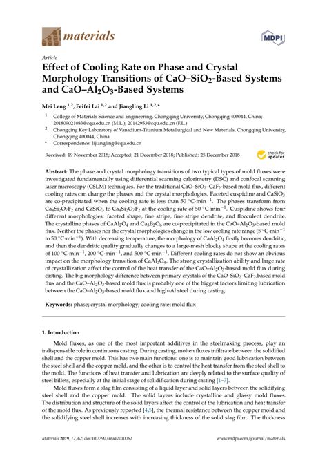 Pdf Effect Of Cooling Rate On Phase And Crystal Morphology Transitions Of Cao Sio2 Based