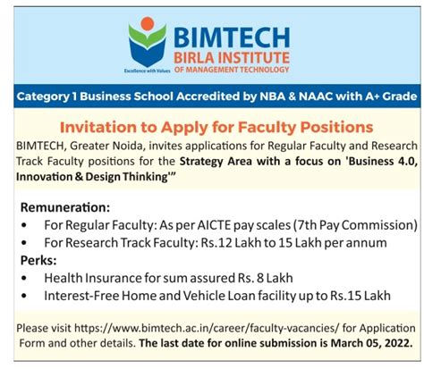 Bimtech Birla Institute Of Management Technology Greater Noida Wanted Regular Faculty And