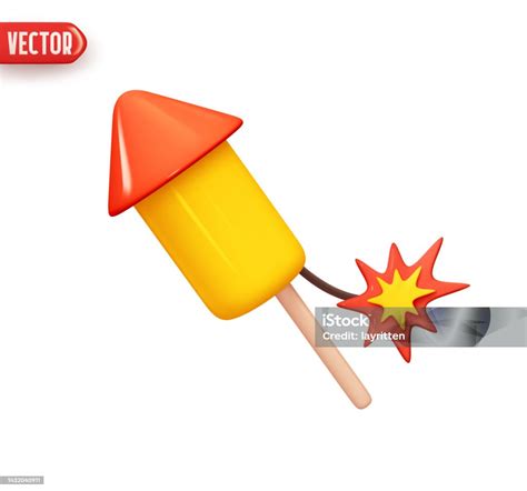 휴일을위한 장식의 불꽃과 막대기에 불꽃 놀이 폭죽 로켓 발사기 현실적인 3d 디자인 요소 플라스틱 만화 스타일에서 흰색 배경에 고립 된 아이콘 벡터 일러스트 레이 션 3차원