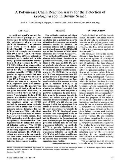 Pdf A Polymerase Chain Reaction Assay For The Detection Of Leptospira Spp In Bovine Semen