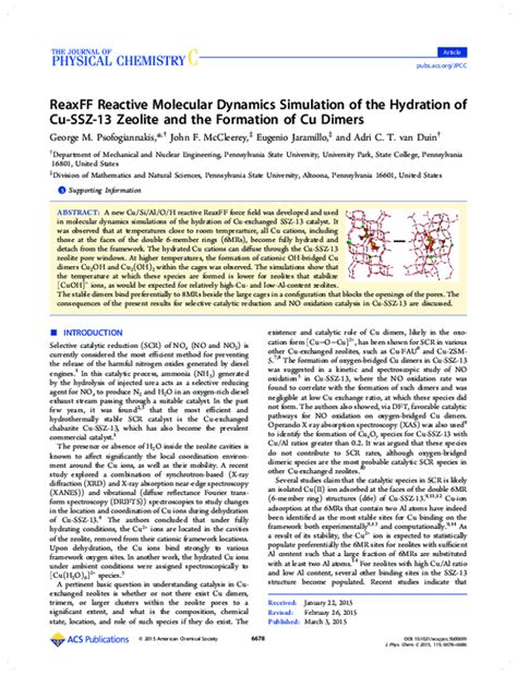 Pdf Reaxff Reactive Molecular Dynamics Simulation Of The Hydration Of Cu Ssz 13 Zeolite And