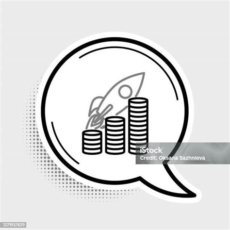 회색 배경에 고립 된 동전 성장 차트 아이콘에 비행 라인 로켓 판매 증가를 보여주는 그래프입니다 다채로운 개요 개념 벡터 0명에
