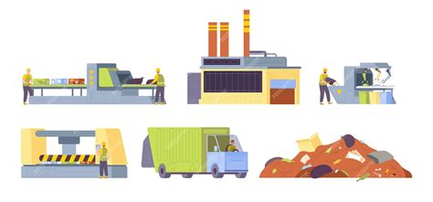 쓰레기 재활용 공장 제조 공정 재활용 및 산업 폐기 폐기물의 도시 쓰레기 매립 공장 작업자에 대한 플라스틱 폐기물 화려한 벡터