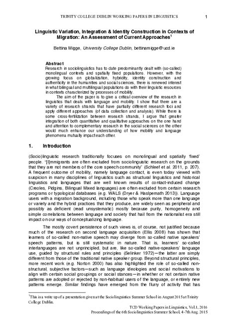 Pdf Linguistic Variation Integration And Identity Construction In Contexts Of Migration An