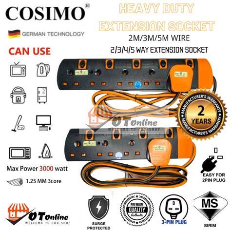 [sirim Approved] Cosimo 2 5 Way Heavy Duty Surge Protector Portable Extension Trailing Socket