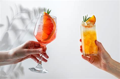 자몽과 데킬라 선라이즈를 곁들인 두 가지 칵테일은 나뭇가지 로즈마리를 장식했습니다 화창한 날의 그림자 상쾌한 여름 칵테일 2명에 대한 스톡 사진 및 기타 이미지 Istock