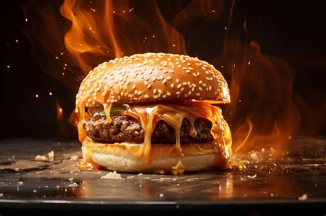 Premium Photo A Burger With Fire Flame