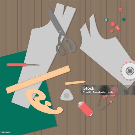 바느질 워크숍 장비입니다 플랫 재단사가 게 디자인 요소입니다 짓는 산업 재 도구 아이콘 패션 디자이너 바느질 항목 상위 뷰 눈금자에 대한 스톡 벡터 아트 및 기타 이미지