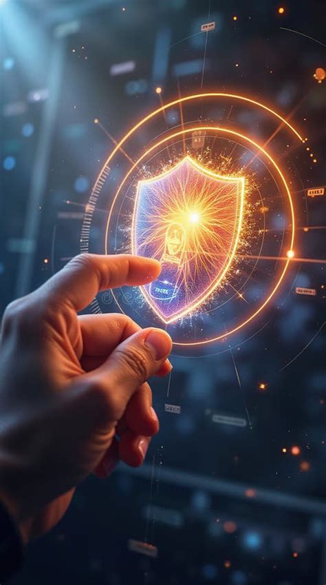 Futuristic Hand Activating Digital Shield In Neon Virtual Interface Stock Illustration