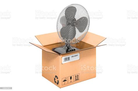 골판지 상자 배달 개념 내부 테이블 팬 흰색 배경에서 격리된 3d 렌더링 3차원 형태에 대한 스톡 사진 및 기타 이미지 3