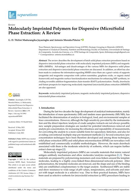 Pdf Molecularly Imprinted Polymers For Dispersive Microsolid Phase Extraction A Review