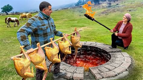 غذای روستایی در آذربایجان؛ کباب کردن 5 بوقلمون در تنور زیر زمینی فیلم