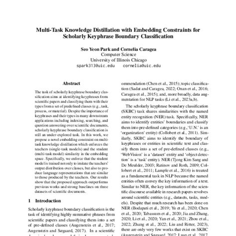 Multi Task Knowledge Distillation With Embedding Constraints For Scholarly Keyphrase Boundary
