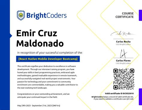 Certified As A React Native Mobile Developer From The Brightcoders Bootcamp 🙌 Emir Cruz Maldonado