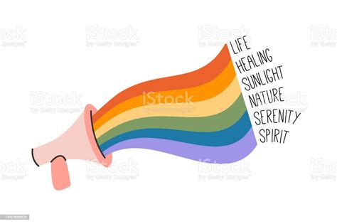 무지개 Lgbtq 깃발 색깔 의미가있는 메가폰 Lgbt 깃발에 대한 설명이있는 분홍색 라우드 스피커 크리에이티브 디자인 템플릿