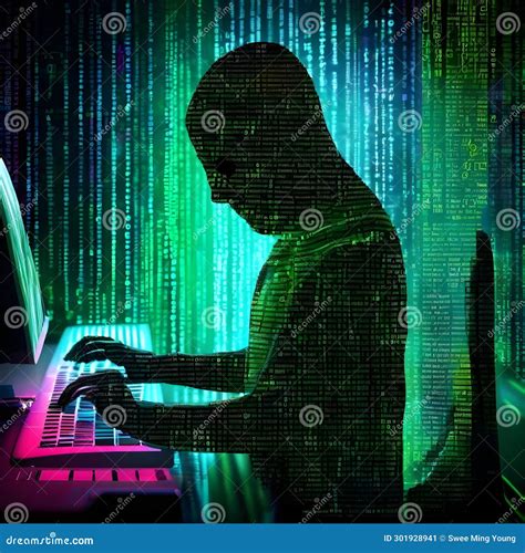 Image Of A Vibrant Cascading Of Colorful Silhouette Cyber Crime Hacker On Mainframe Computer In