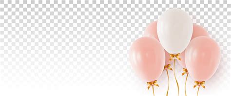 황금 리본이있는 분홍색과 흰색 헬륨 풍선 묶인 활 및 투명한 배경에 왼쪽의 빈 복사 공간 기념일 또는 생일을위한 인사말 카드 또는 배너 디자인 사실적인 3d 벡터 연분홍에