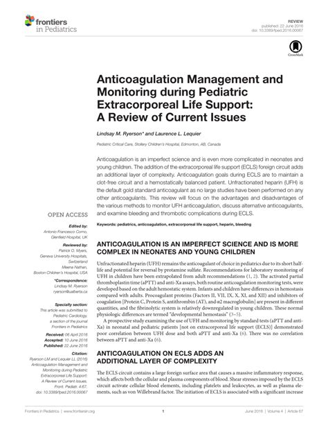 Pdf Anticoagulation Management And Monitoring During Pediatric Extracorporeal Life Support A