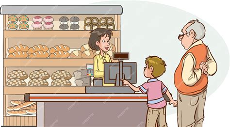 Niño Comprando Pan Del Vector De Dibujos Animados De Panadería Vector