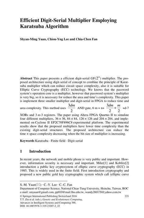 Pdf Efficient Digit Serial Multiplier Employing Karatsuba Algorithm
