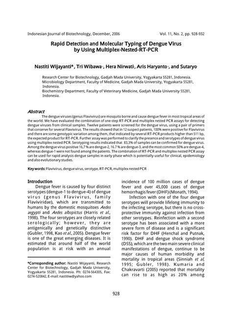 Pdf Rapid Detection And Molecular Typing Of Dengue Virus By Using