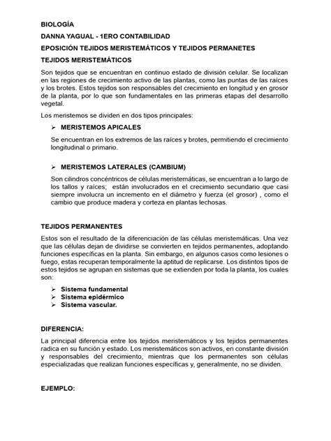 Tejidos Meristemáticos Y Tejidos Permanentes Biología Expo Pdf Raíz