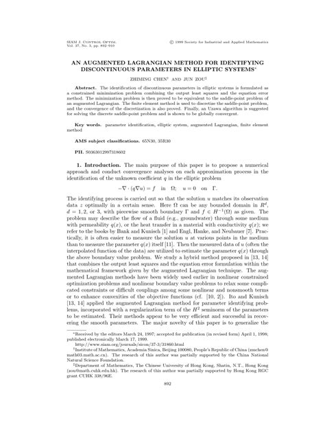 Pdf An Augmented Lagrangian Method For Identifying Discontinuous Parameters In Elliptic Systems