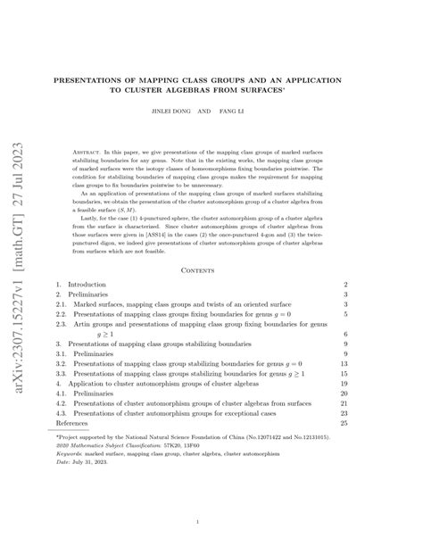 Pdf Presentations Of Mapping Class Groups And An Application To Cluster Algebras From Surfaces