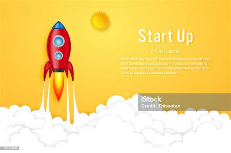 로켓은 종이 예술 공예 스타일 및 비즈니스 시작 프로젝트 개념으로 구름과 푸른 하늘에 발사 평면 디자인 벡터 일러스트입니다 개념에 대한 스톡 벡터 아트 및 기타 이미지