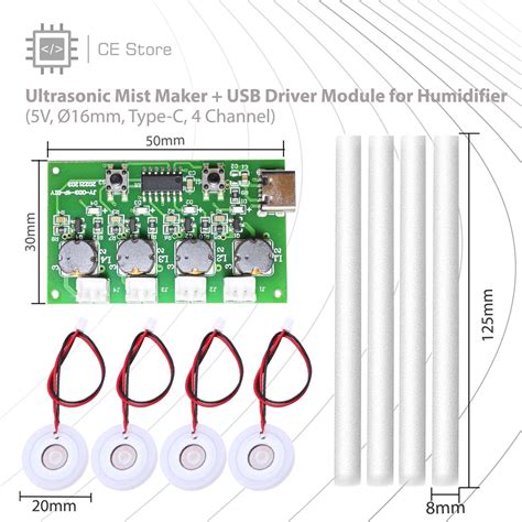 Ultrasonic Mist Maker USB Driver Module for Humidifier 5V Ø16mm Type C 4 Channel CE Store