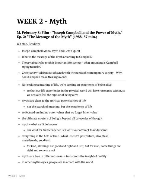 Week 2 Myth Lecture Notes 2 Week 2 Myth M February 8 Film Joseph Campbell And The
